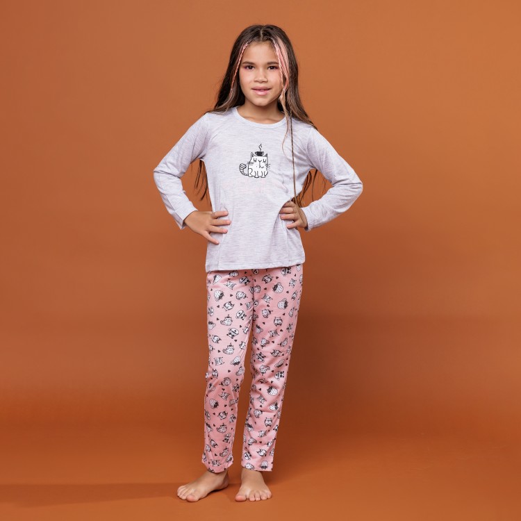 Pijama Longo Cinza Com Gatos Juvenil - Suspiro Íntimo